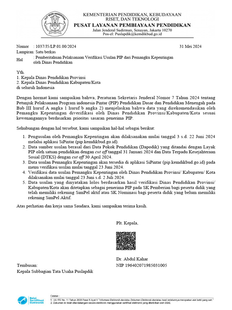 Pemberitahuan Pelaksanaan Verifikasi Usulan PIP Dari Pemangku ...
