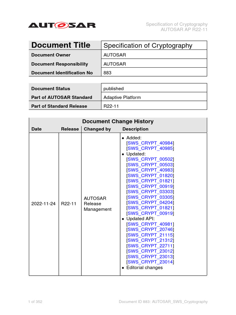 AUTOSAR SWS Cryptography Pages 1 | PDF | Key (Cryptography) | Cryptography