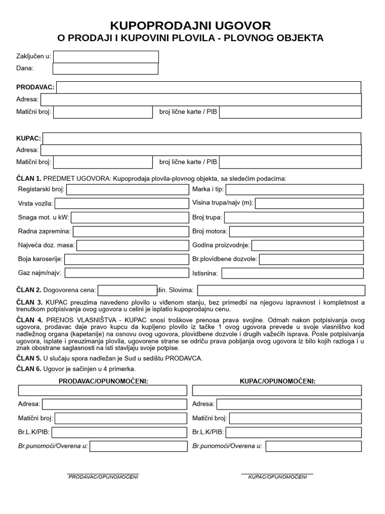 Kupoprodajni Ugovor Plovni Objekat | PDF