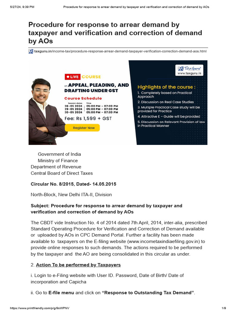 Procedure For Response To Arrear Demand by Taxpayer and Verification ...