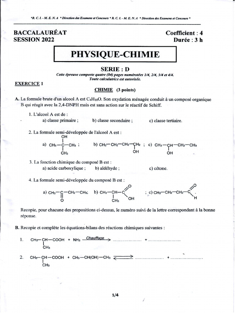 Sujet+Corrige Pc Bac d 2022 | PDF