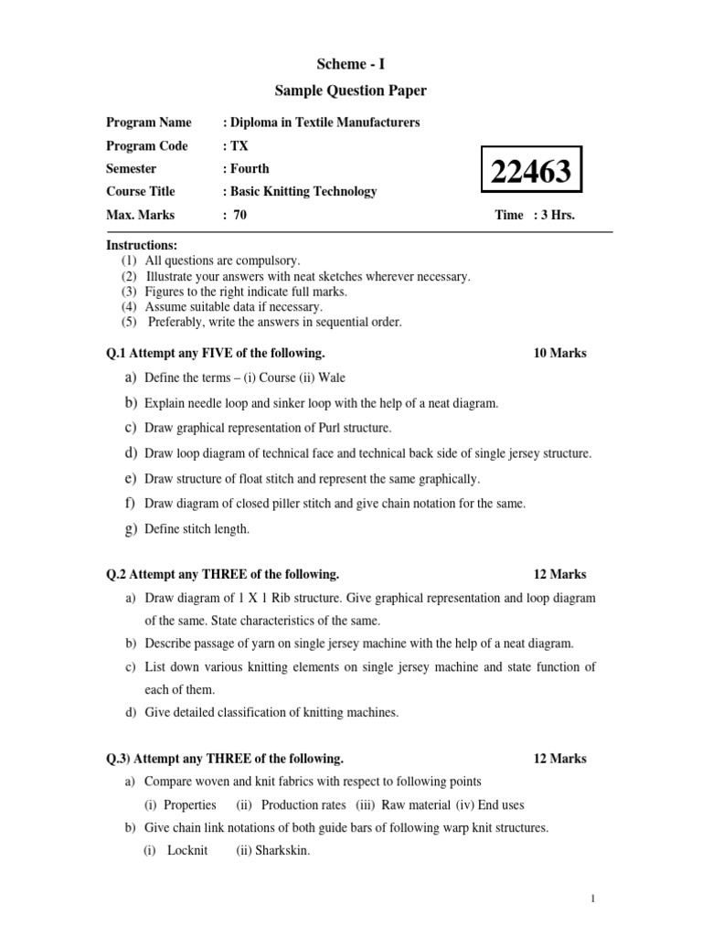 22463 Sample Question Paper Basic Knitting Technology | Download Free ...