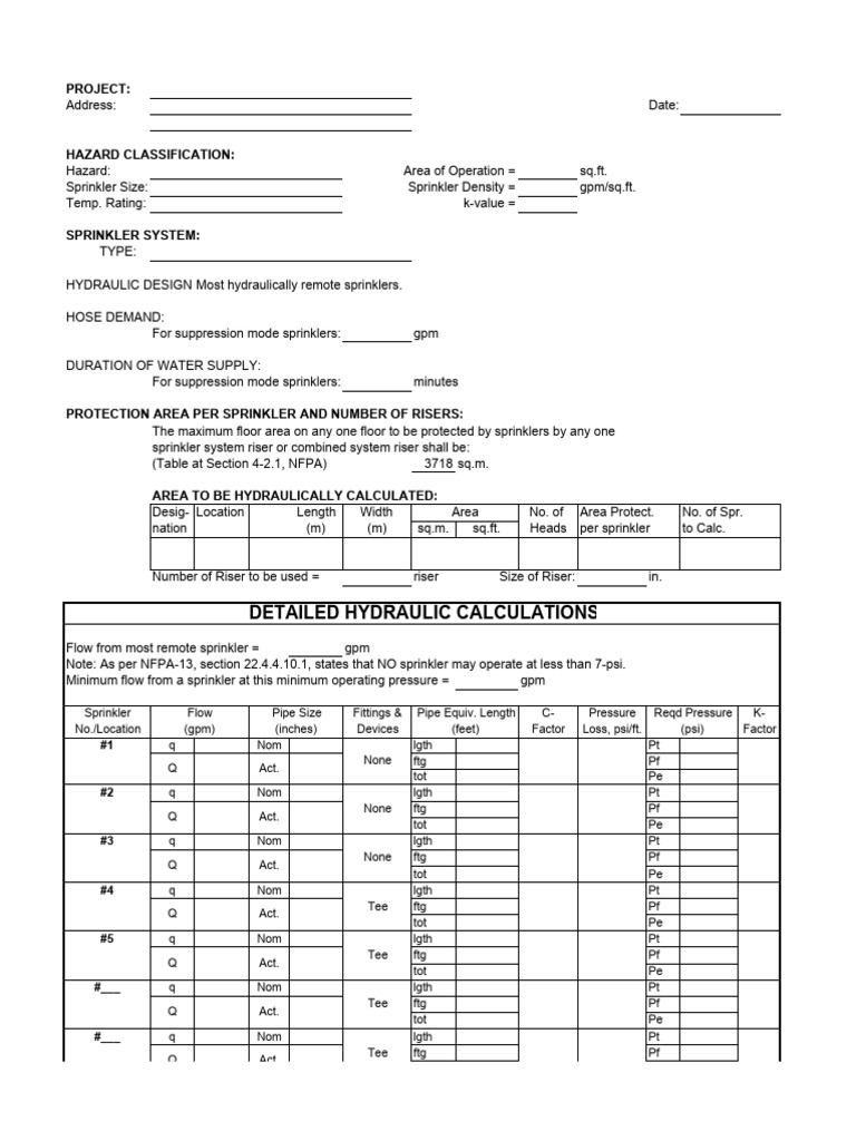 D1-04 AFSS Hydraulic Calc Form | Download Free PDF | Fire Sprinkler ...