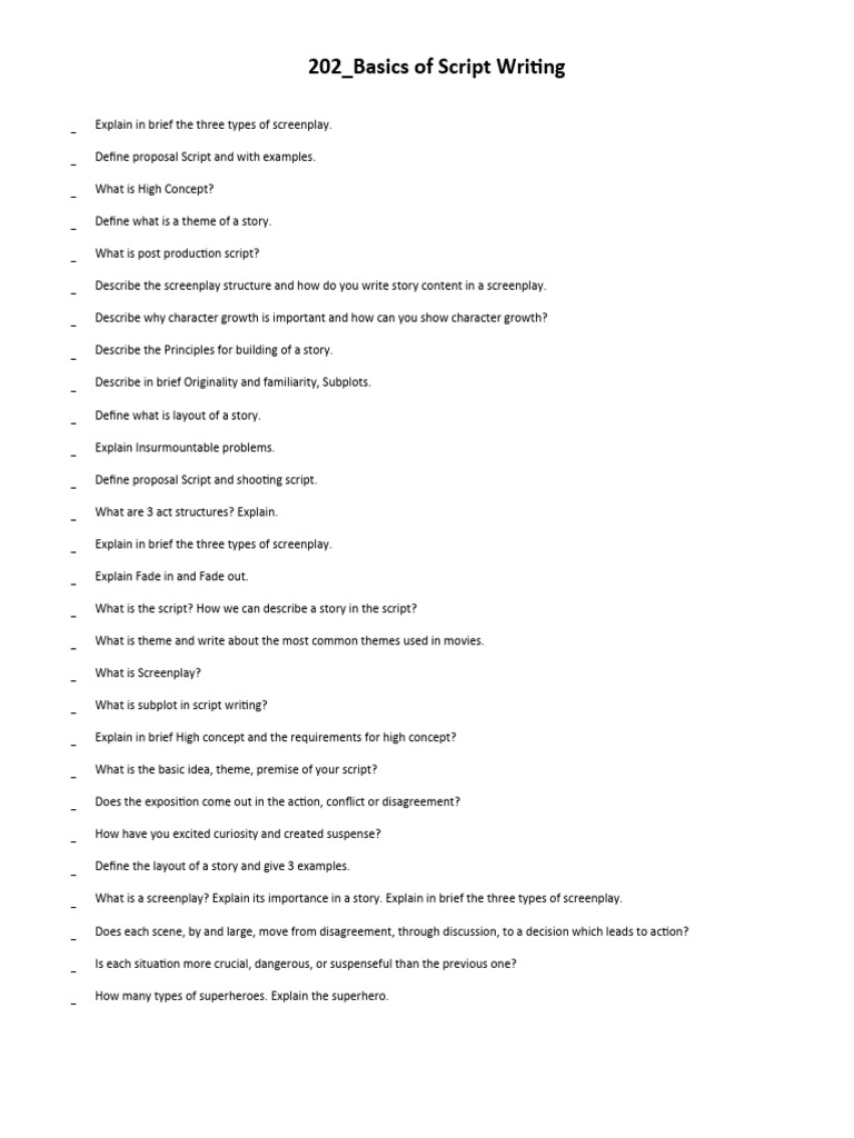 202 - Basics of Script Writing Sample Questions | PDF | General Fiction