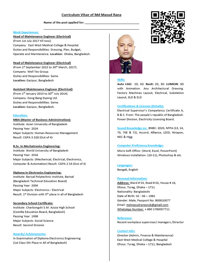 Md Masud Rana's Electrical Engineer CV | PDF | Bangladesh | Engineering