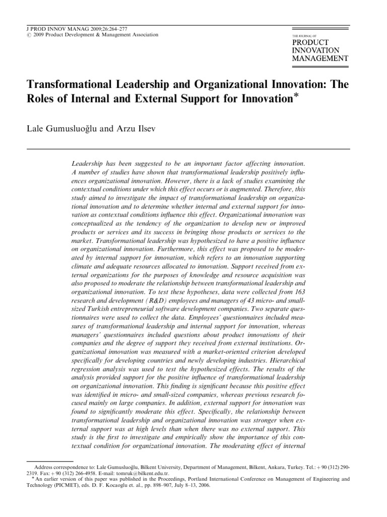 Transformational Leadership and Organizational Innovation The Roles of Internal and External ...