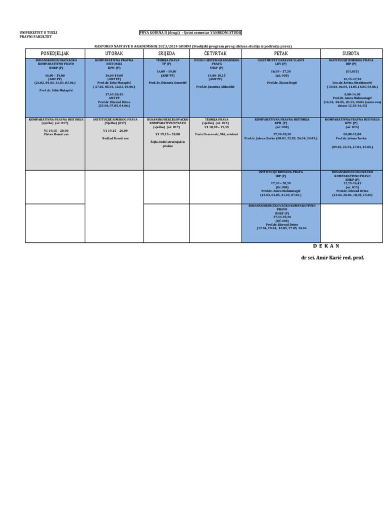 RASPORED Za Ljetni Semestar Ak. 2023 2024 Vanredni Studij PF | PDF