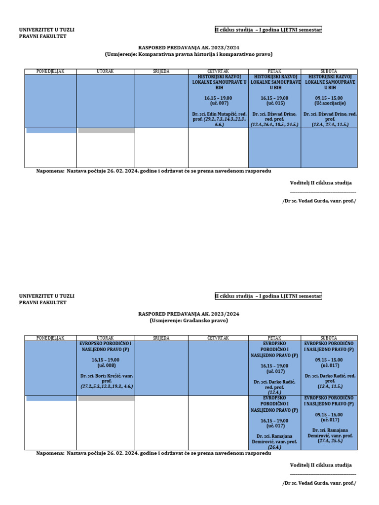 Raspored Nastave Na II Ciklusu LJETNI 2023 24 Final | PDF