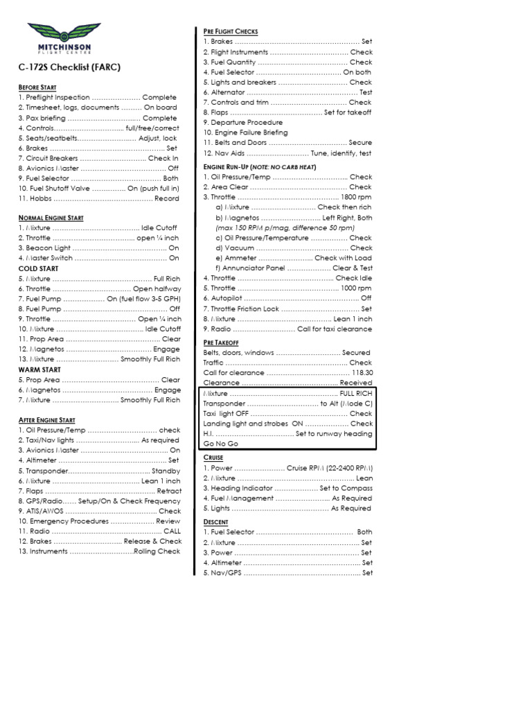 e. C172S Checklist (FARC) | Download Free PDF | Throttle | Takeoff