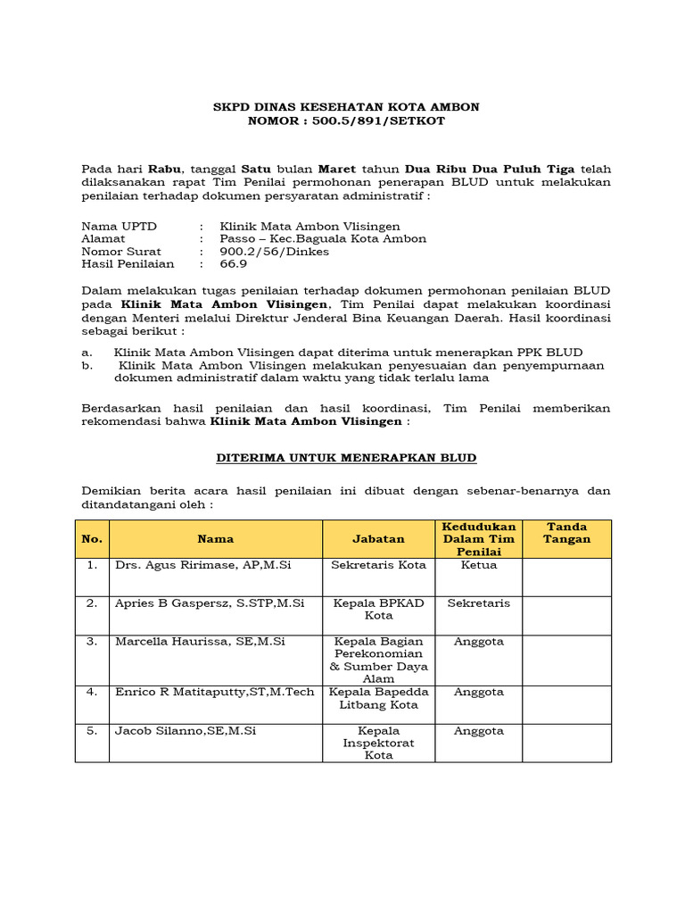 Berita Acara Hasil Penilaian Usulan Penerapan Blud | PDF