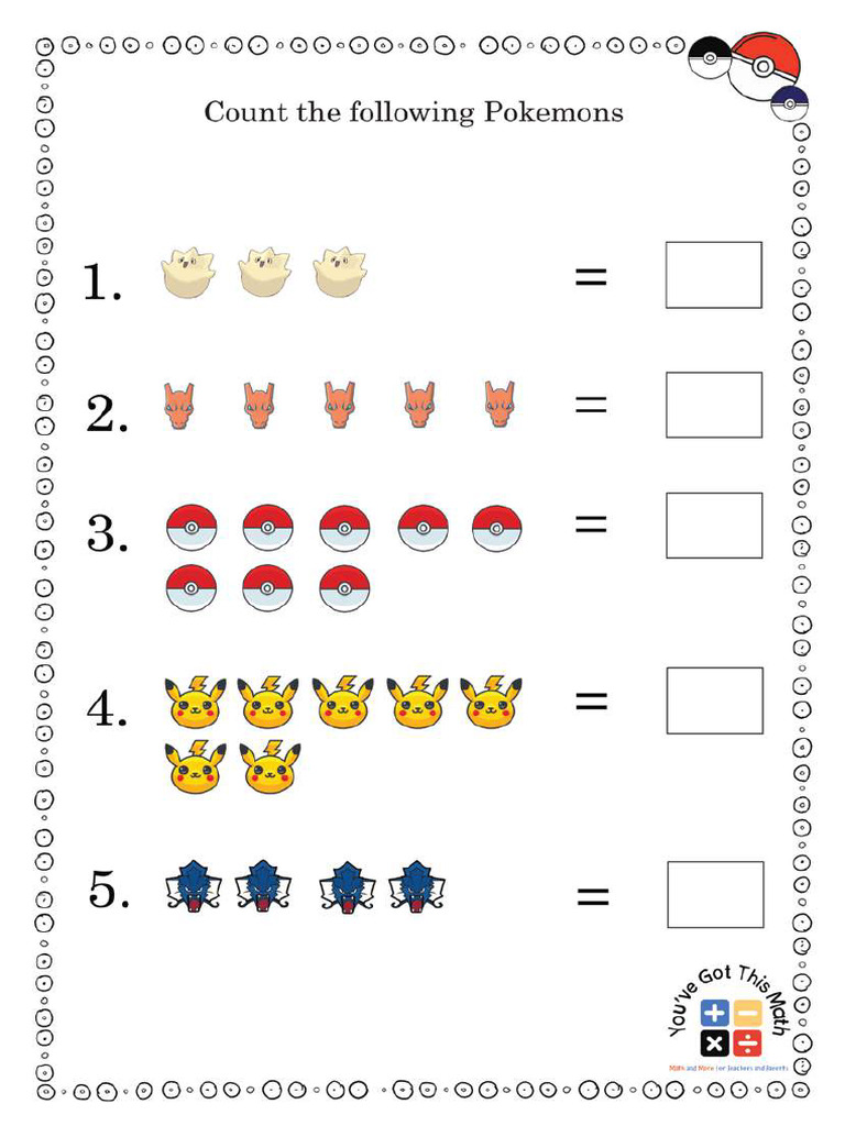 Pokemon Math Worksheet 1 | PDF
