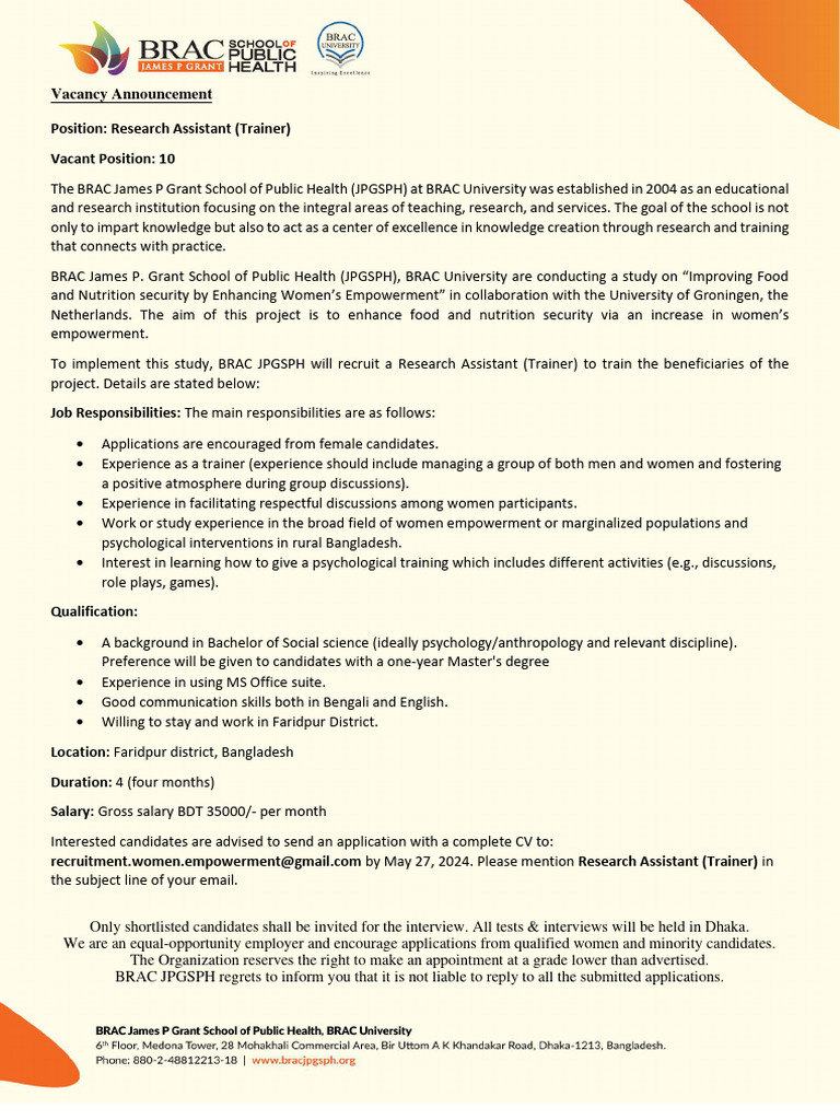 Research Assistant Trainer Job at BRAC | PDF | Empowerment