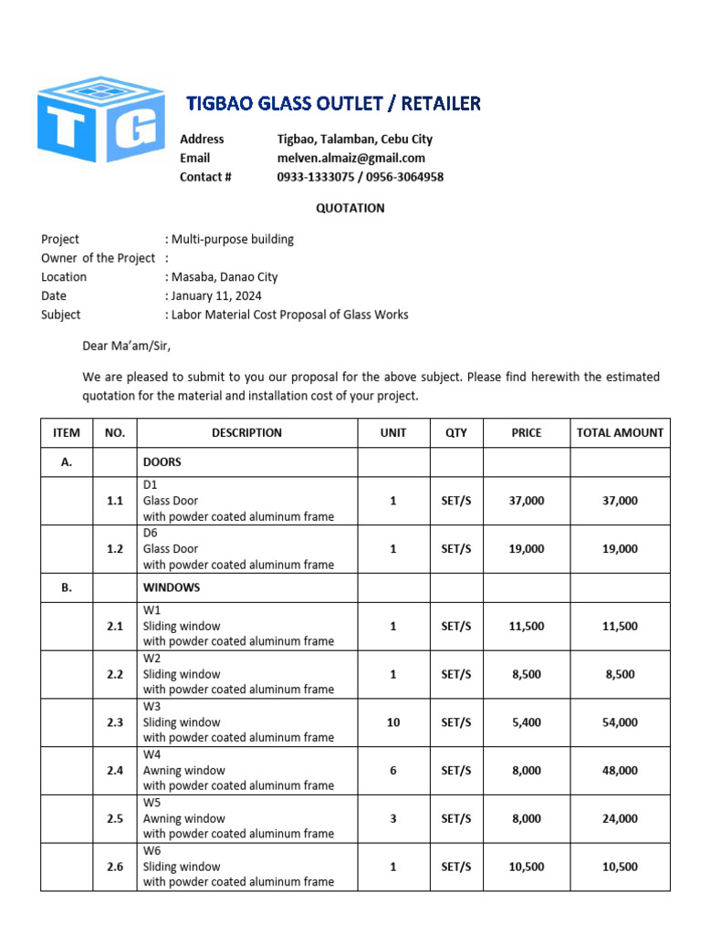 Tigbao Glass Quotation_Danao Project (Multipurpose Building) | PDF