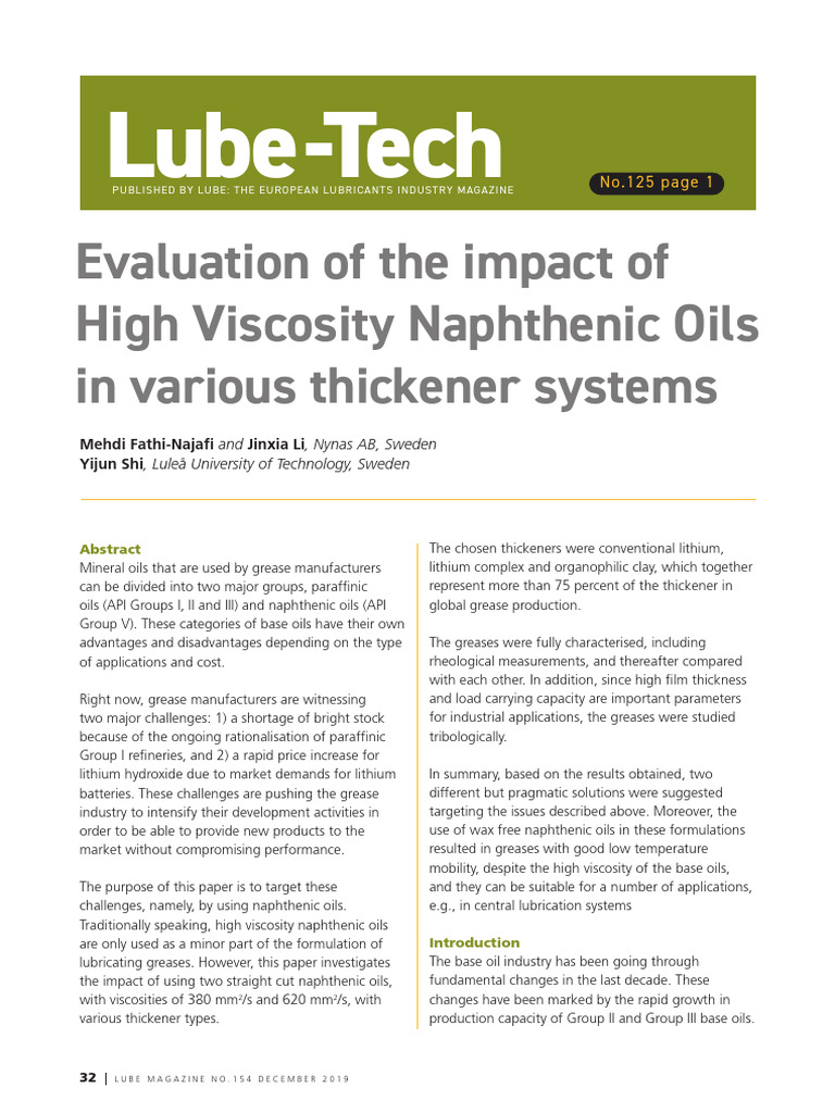 Lube Tech 125 Evaluation of The Impact of High Viscosity Naphthenic ...