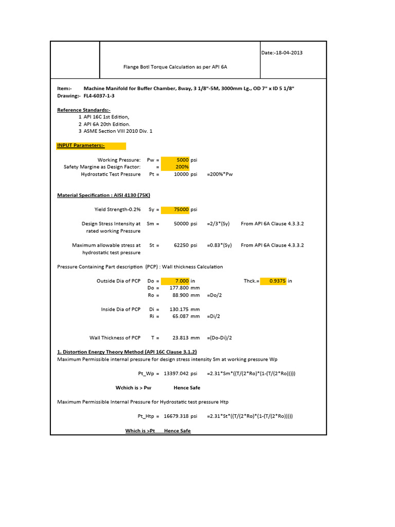 3flange Bolt Torque Calculation Per Api 6a | PDF | Stress (Mechanics) | Pressure