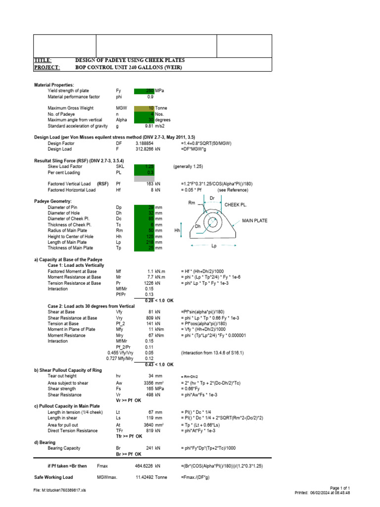 1Padeye-Design-Cheek-xls SWL Weir | PDF | Mechanics | Mechanical ...