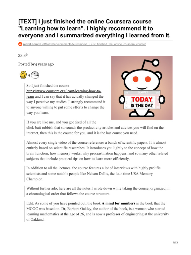 Learning How To Learn Summary | Download Free PDF | Habits | Memory