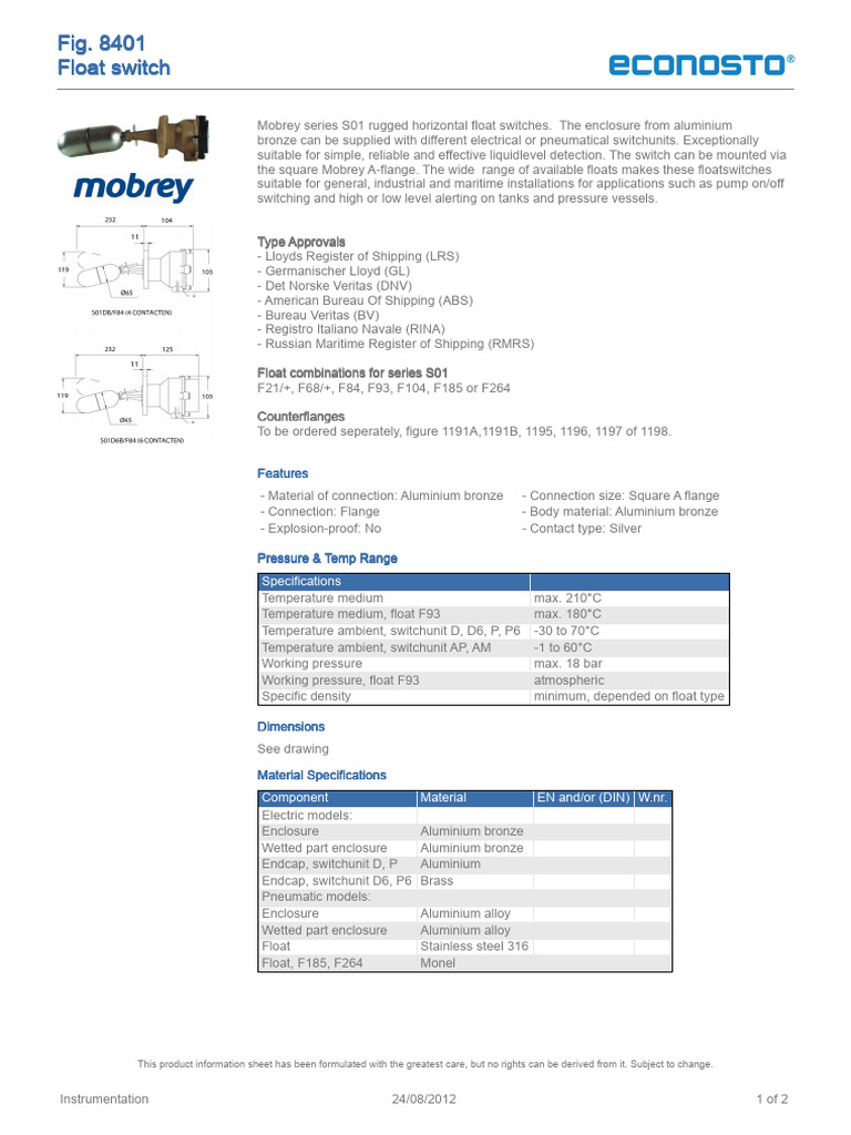 Econosto Mobrey Float Switch Fig. 8401 Instruction Leaflet | Download ...