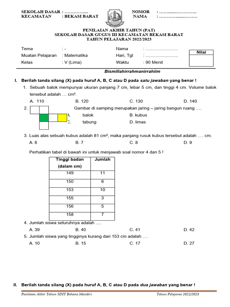 Soal Pat Matematika Kelas 5 Neww | PDF | Metode & Bahan Ajar