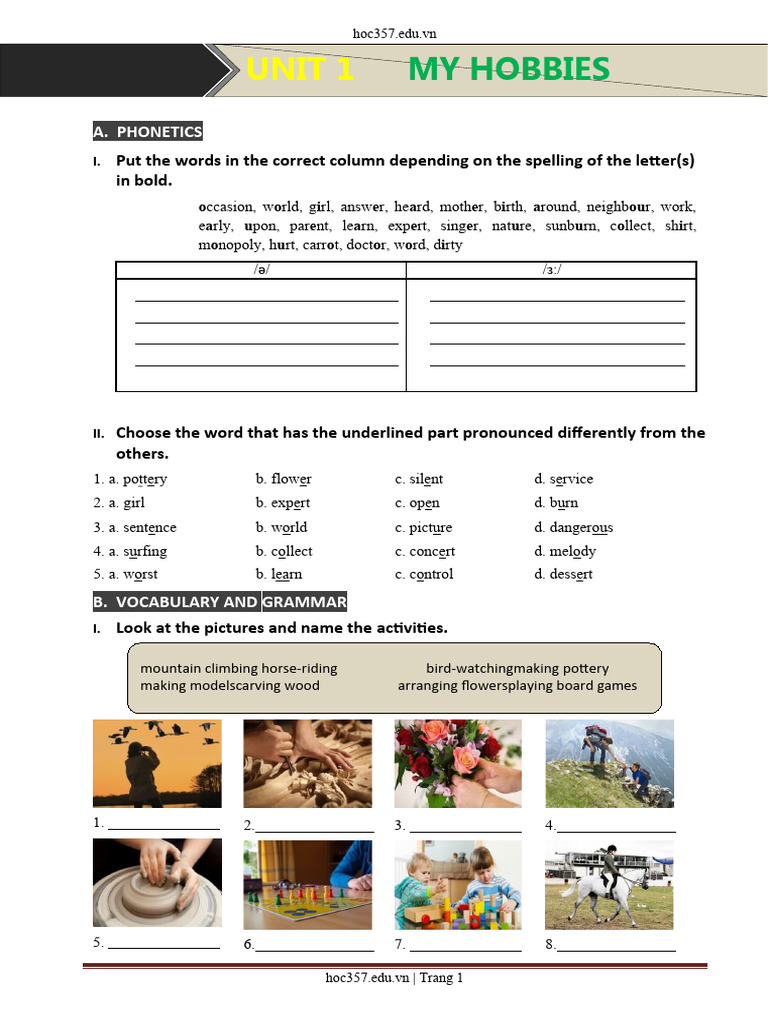 Hoc357.edu - VN Bai Tap Tieng Anh 7 Bai 1 | PDF | Hobbies