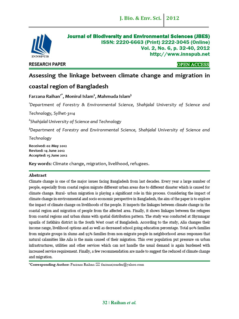 Assessing The Linkage Between Climate Change and Migration in Coastal Region of Bangladesh ...