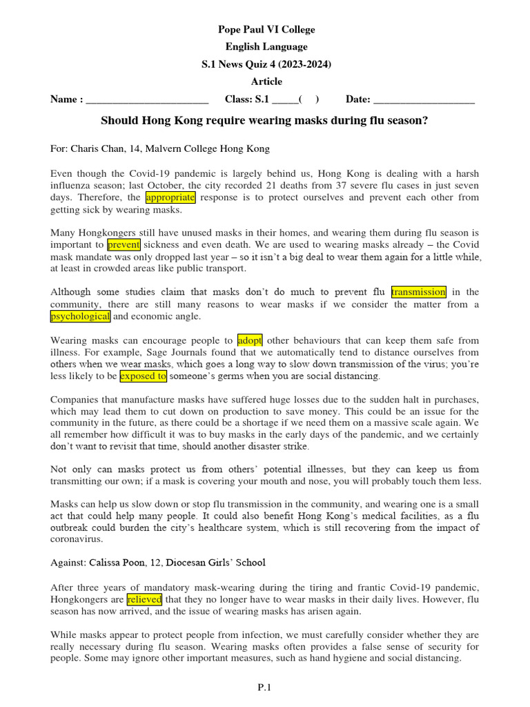 S.1 News Quiz 4 Article | PDF | Influenza | Pandemic