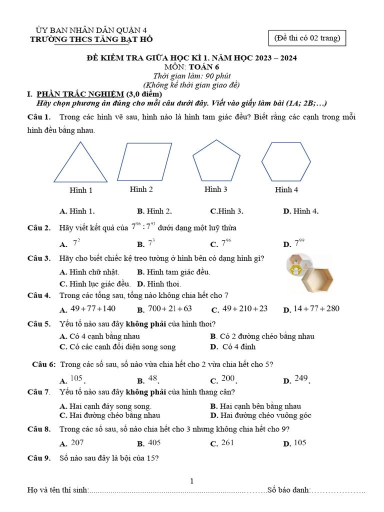De Giua Hoc Ki 1 Toan 6 Nam 2023 2024 Truong Thcs Tang Bat Ho TP HCM | PDF