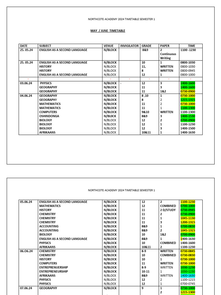 May June Timetable 2024 PDF 212 | PDF | Science