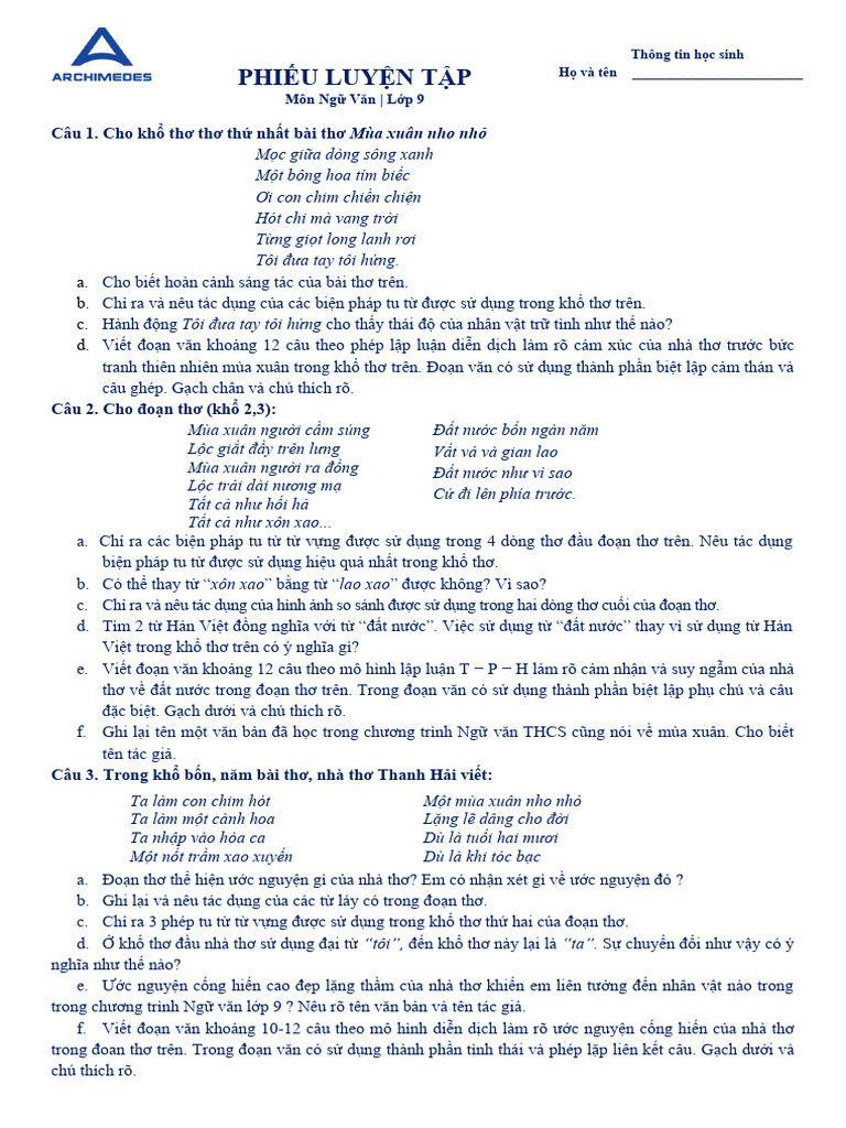 PHIẾU LUYỆN TẬP MXNN 2023 | PDF