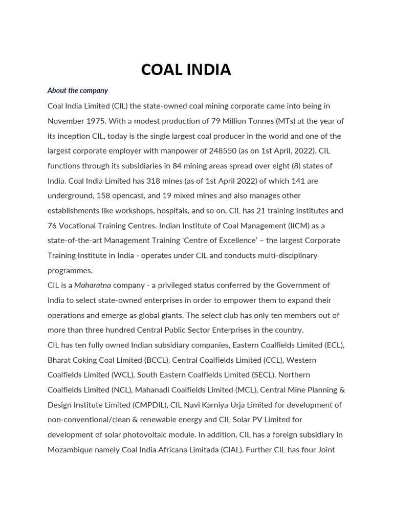 Coal India: World's Largest Coal Producer Overview | PDF | Employment ...