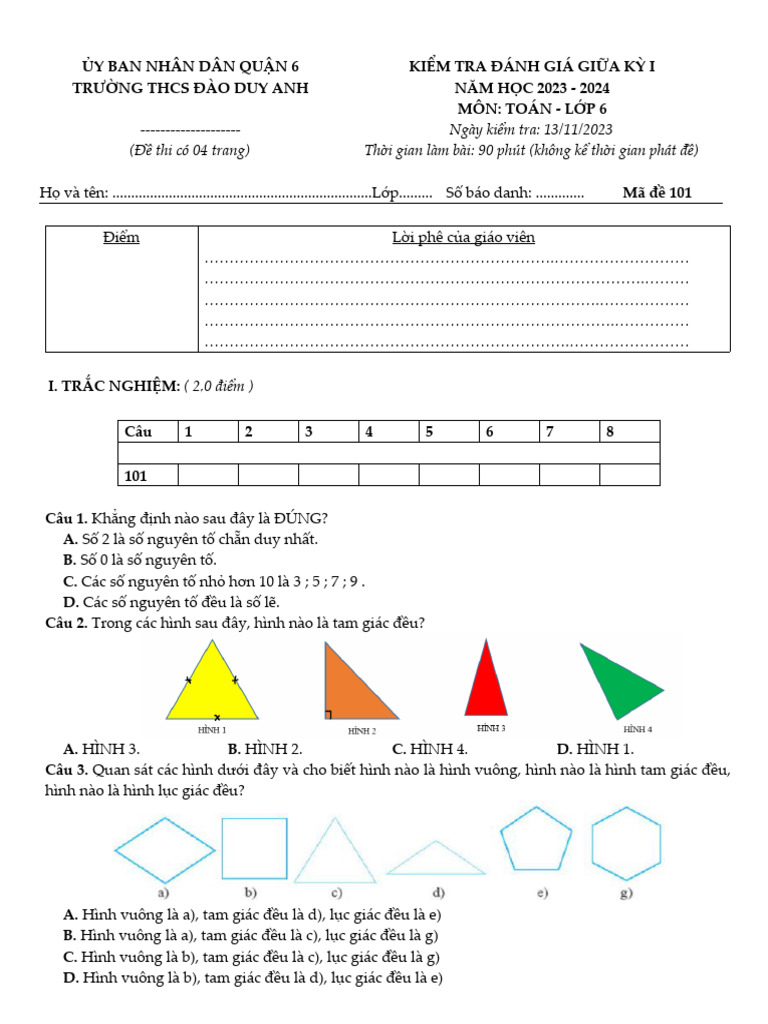 De Giua Ky 1 Toan 6 Nam 2023 2024 Truong Thcs Dao Duy Anh TP HCM | PDF