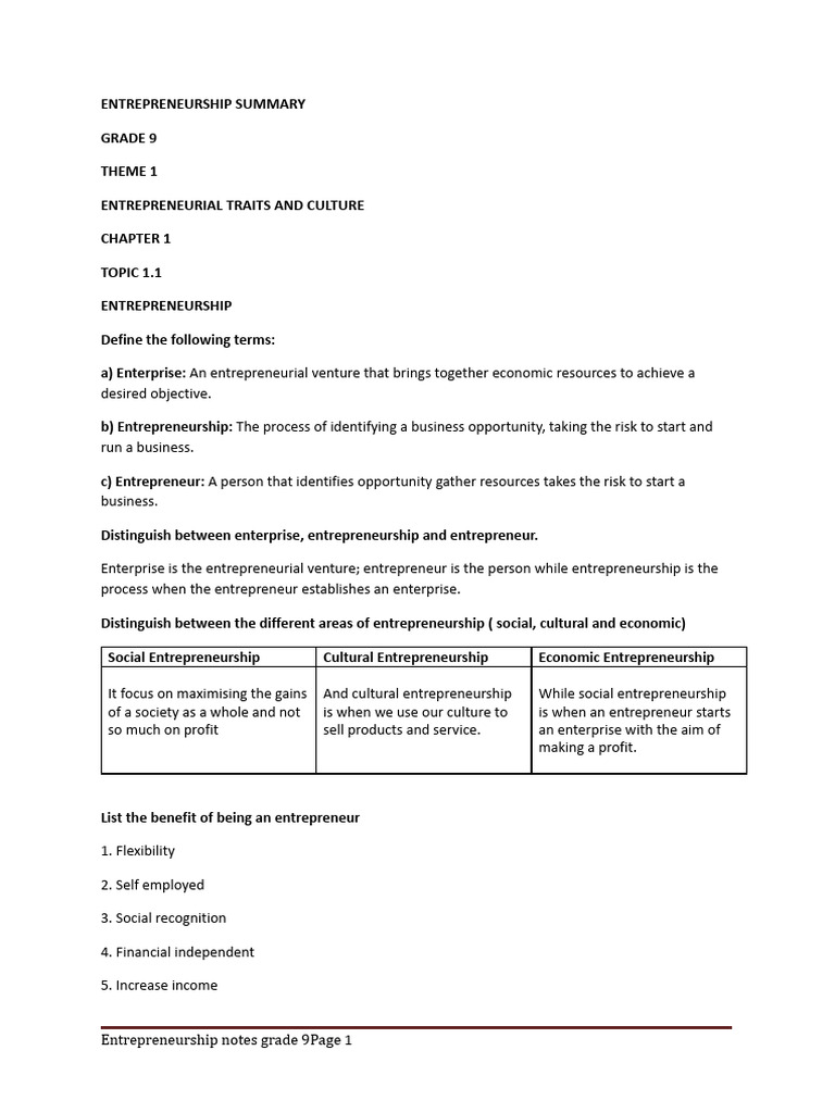 Entrepreneurship Grade 9 Notes .Docx 2024 | PDF | Entrepreneurship ...