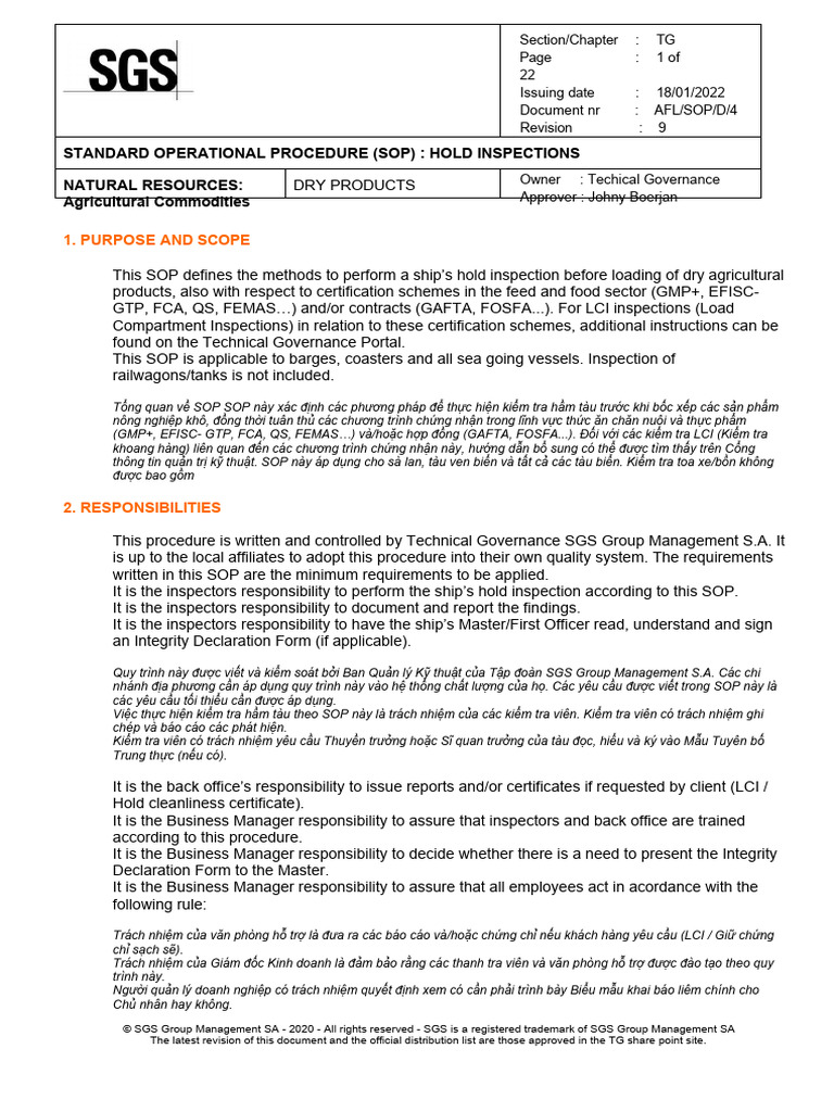 SOP - Dry Products - Ship's Hold Inspection D4 Rev 09 With GMP Vs Gafta ...