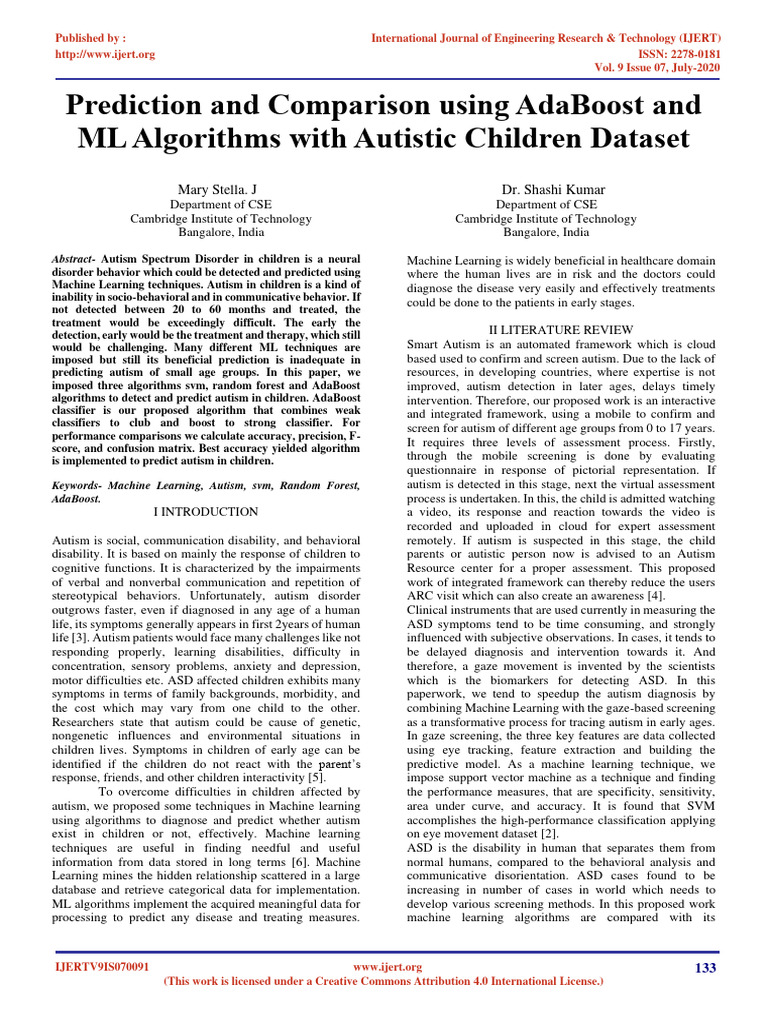 Prediction and Comparison Using Adaboost and ML Algorithms With Autistic Children Dataset ...