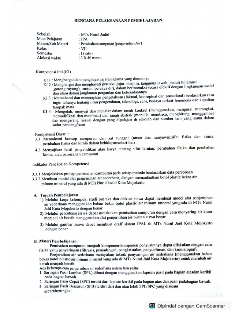 RPP Penjernih Air Mapel IPA MTs | PDF