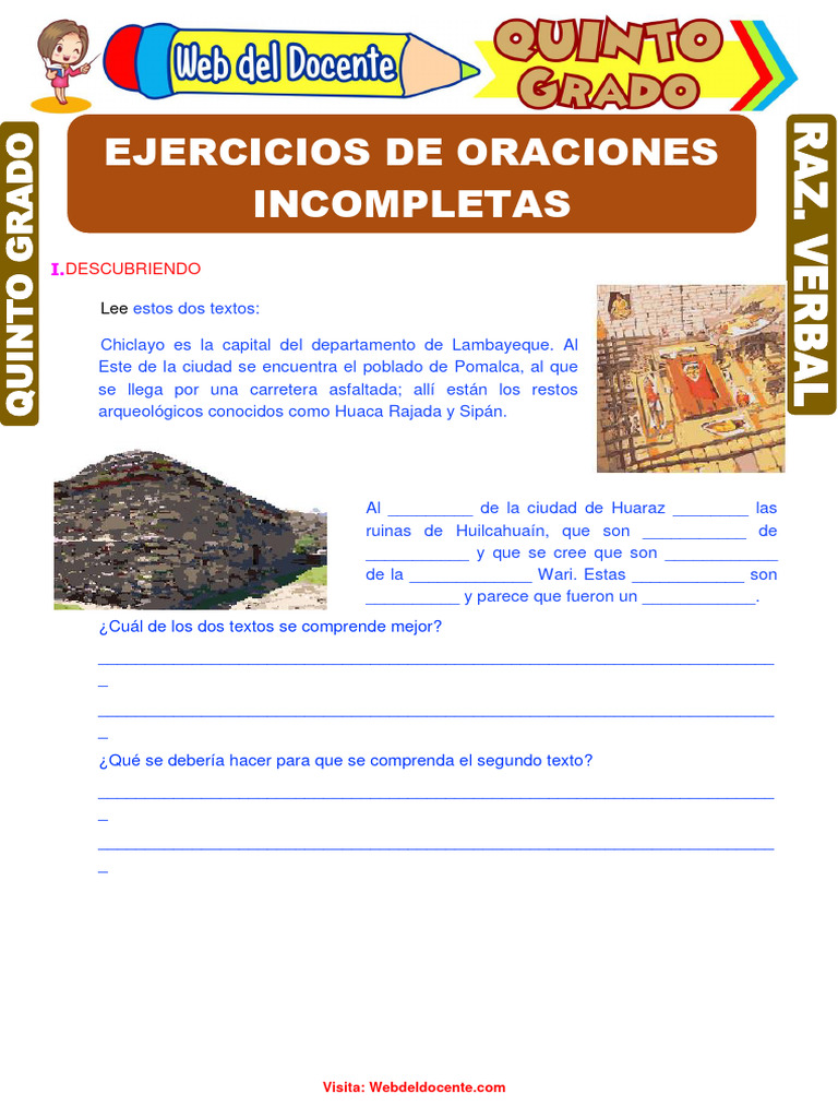 Ejercicios de Oraciones Incompletas para Quinto Grado de Primaria | PDF Ejercicios de Oraciones Incompletas para Quinto Grado de Primaria | PDF