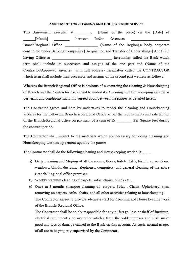 Housekeeping Service Agreement Template | PDF | Employment | Housekeeping