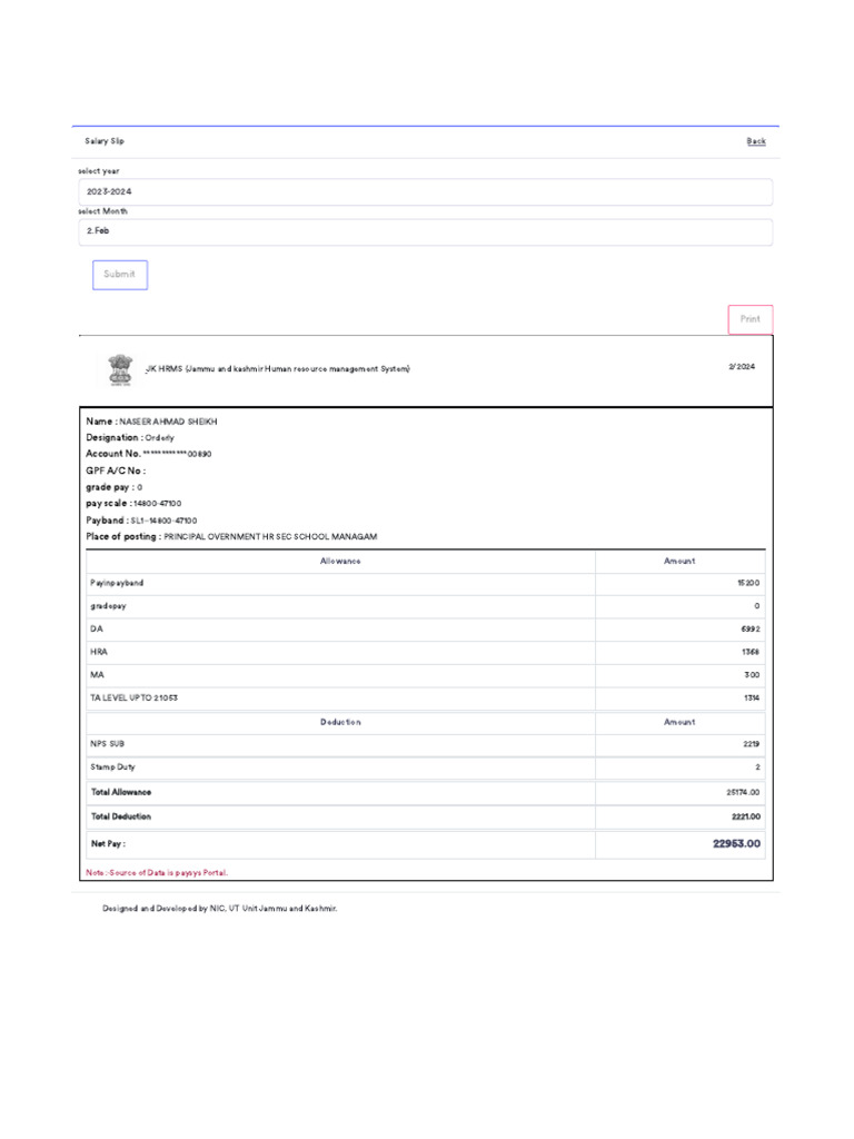 JK HRMS Salary Slip for February 2024 | PDF