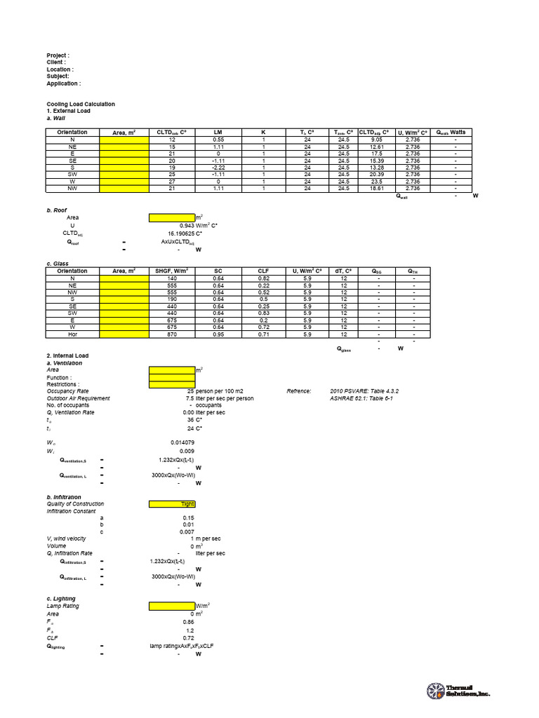 Cooling Load Calculation Template | PDF | Ventilation (Architecture ...