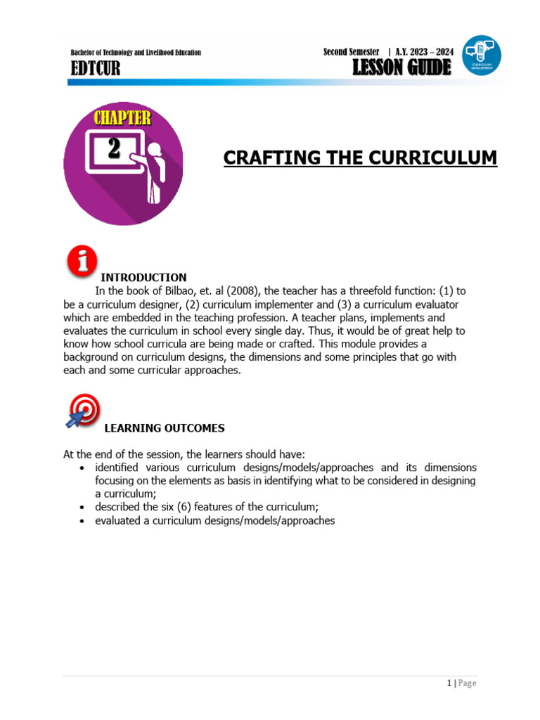 Chapter 2 Crafting The Curriculum Lessons 1 3 | PDF | Curriculum | Learning
