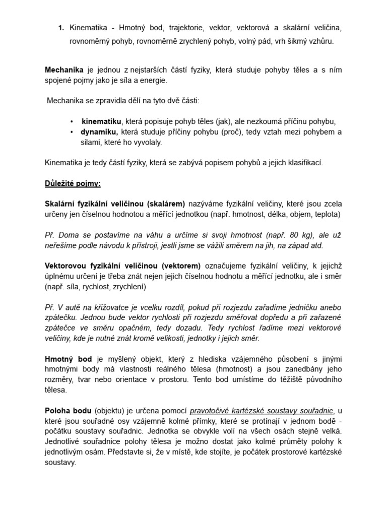 01 Kinematika - Hmotny Bod, Trajektorie, Vektor, Vektorova A Skalarni ...