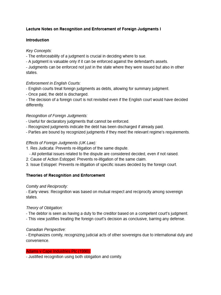 Lecture Notes On CHAPTER 4 Recognition and Enforcement of Foreign ...