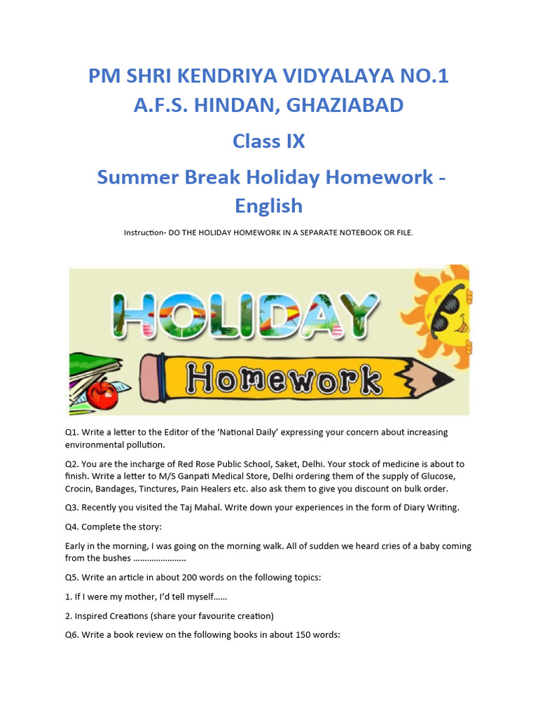 Class 9th Summer Break HHW | PDF