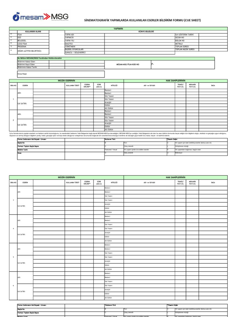 MESAM-MSG Cue-Sheet Formu | PDF