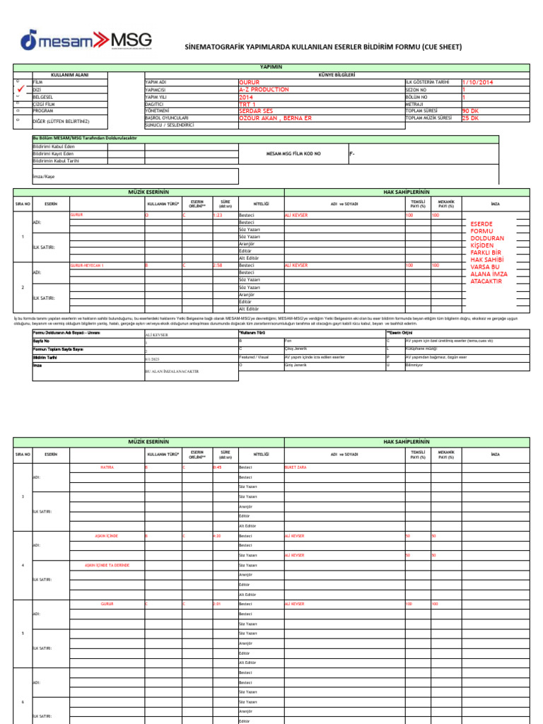 MESAM MSG Cue Sheet Formu - Örnek | PDF