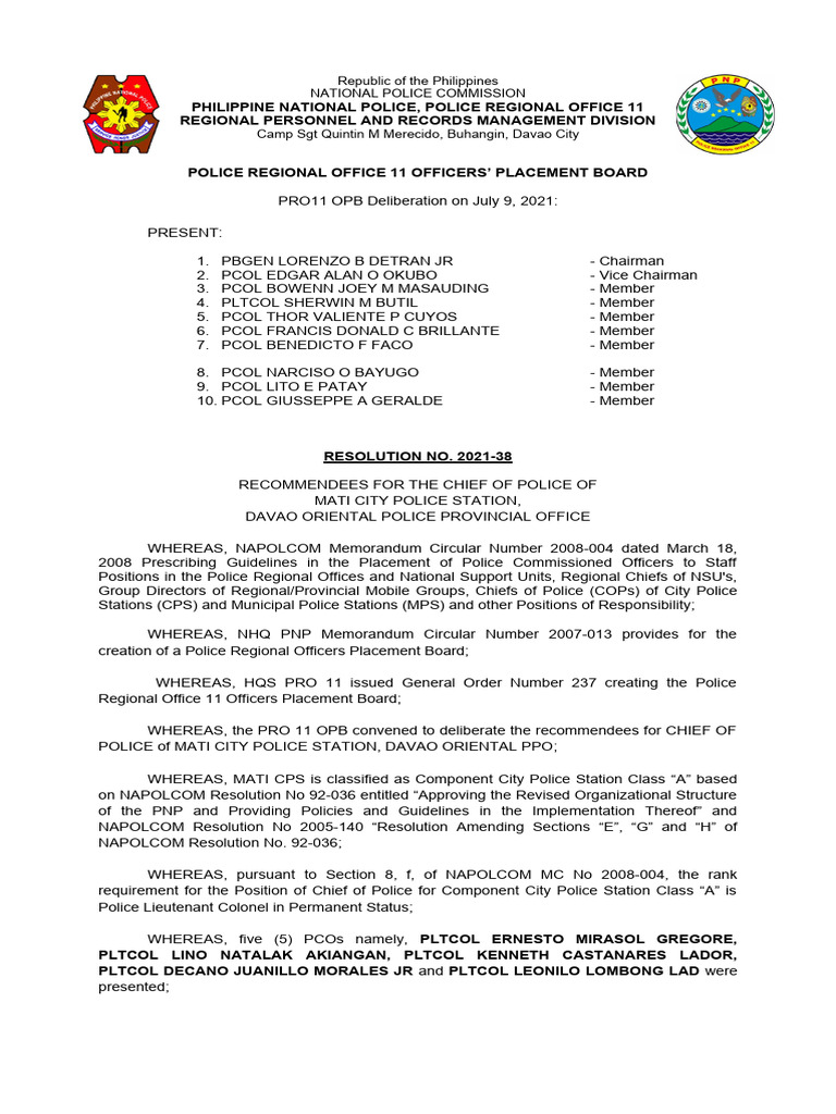 Res 2021-38 COP Mati CPS, DOPPO | PDF | Philippines | Law Enforcement