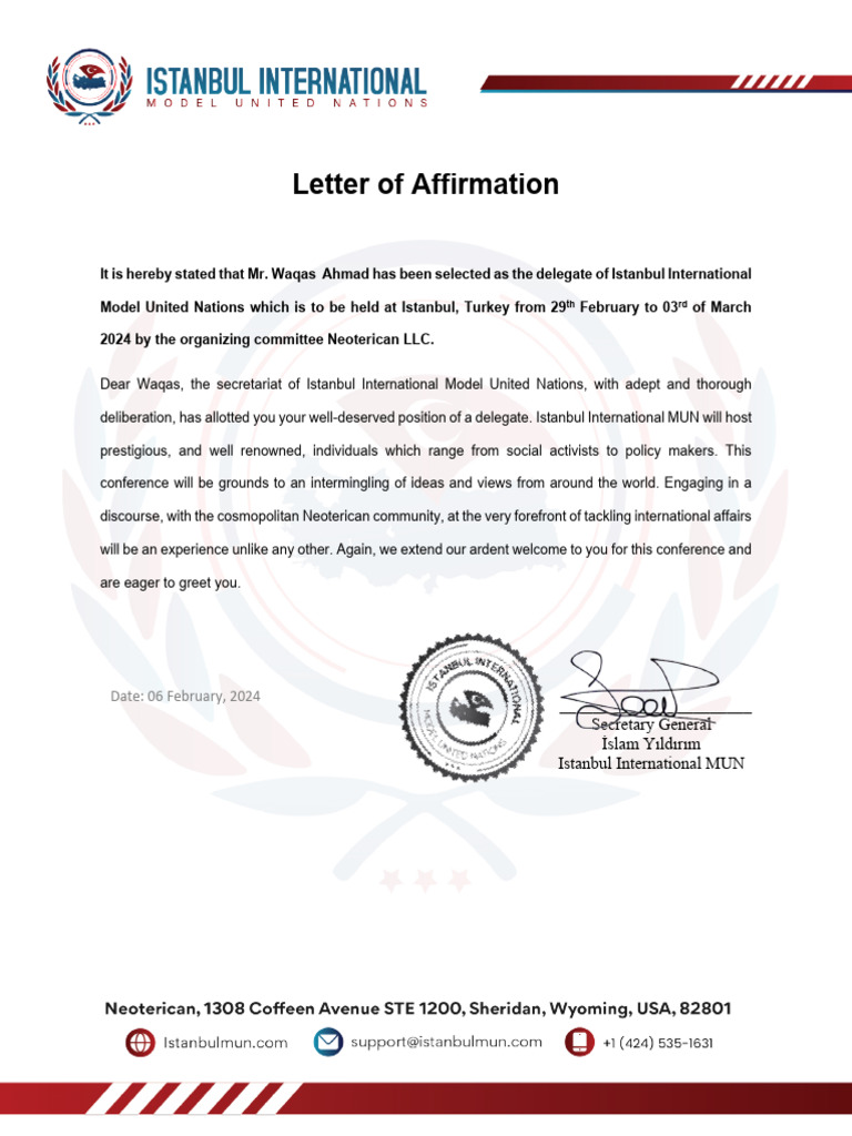 Delegate Confirmation for Istanbul MUN 2024 | PDF