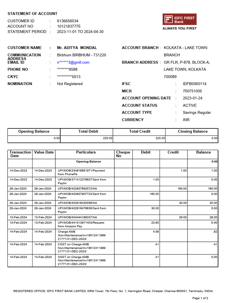 IDFC Bank Account Statement Nov-Apr | PDF | Personal Identification ...