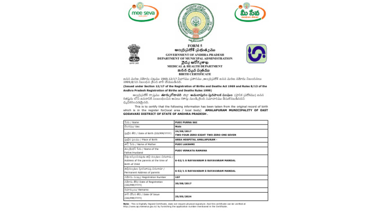 Birth Certificate - Andrapradesh | Download Free PDF | Birth Certificate | Social Institutions