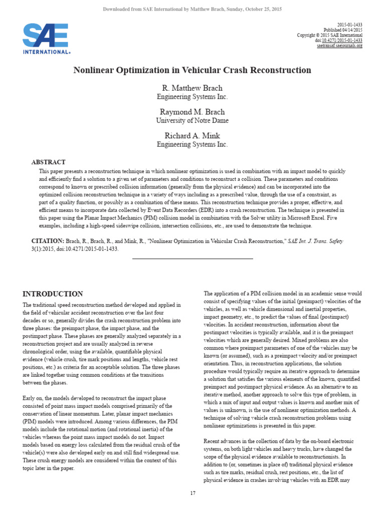 SAE 2015-01-1433 - Brach - Non Linear Optimization Vehicle Crash Reconstruction | PDF ...